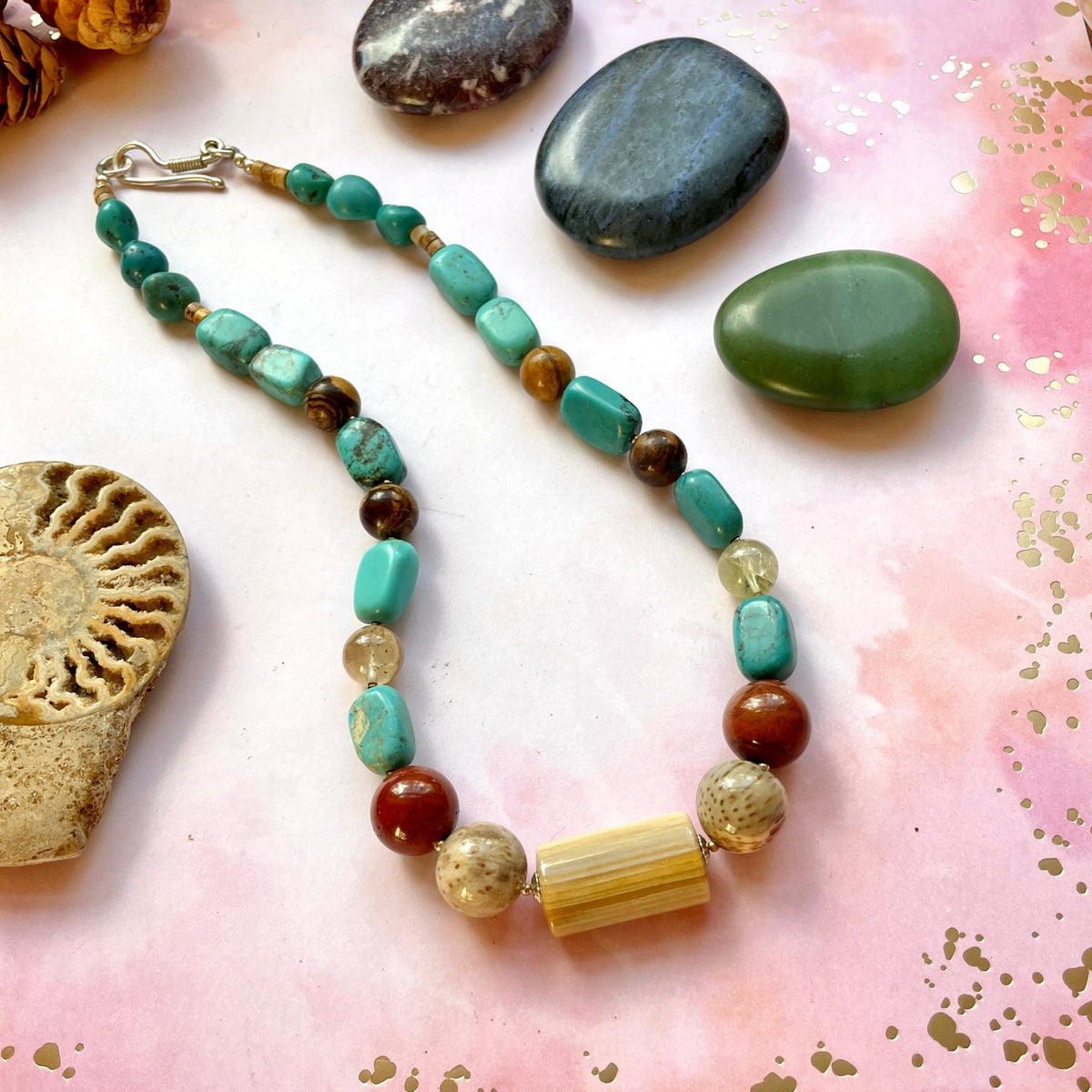 Wilderness Necklace - Petrified Wood, Turquoise - Dakota Nature LLC
